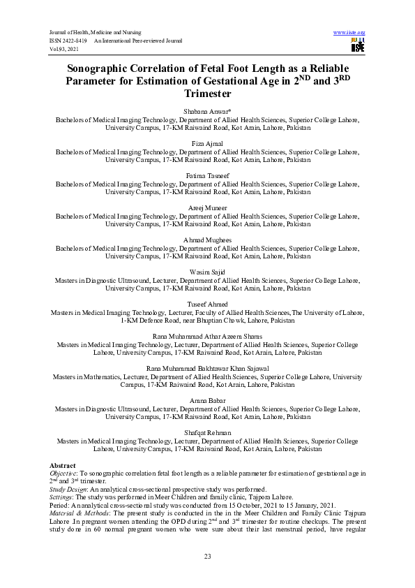 (PDF) Sonographic Correlation of Fetal Foot Length as a Reliable ...