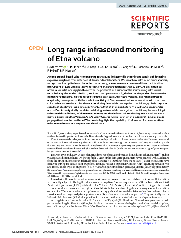 (PDF) Long range infrasound monitoring of Etna volcano
