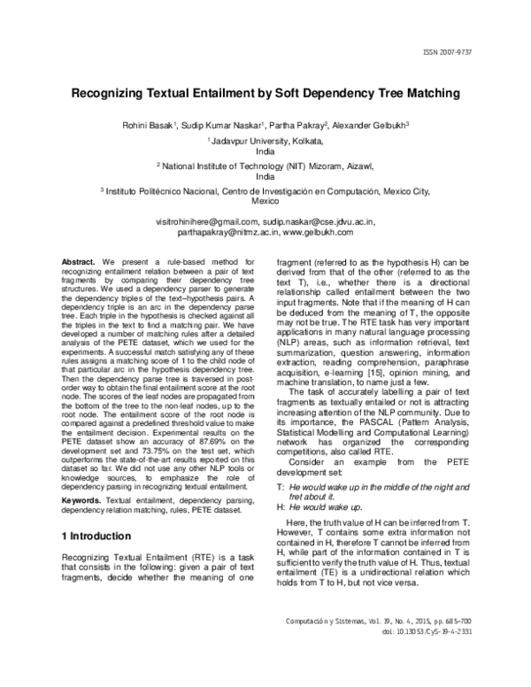 (PDF) Recognizing Textual Entailment by Soft Dependency Tree Matching