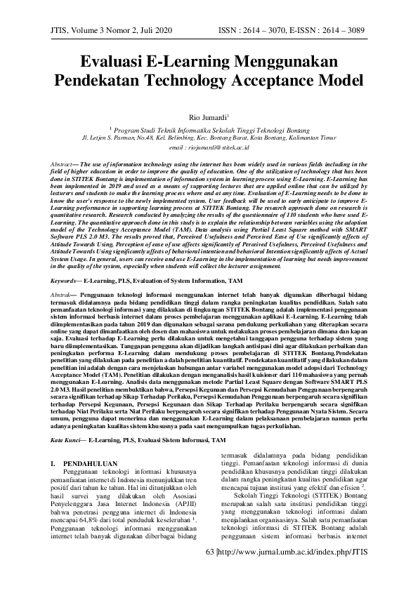 (PDF) Evaluasi E-Learning Menggunakan Pendekatan Technology Acceptance Model