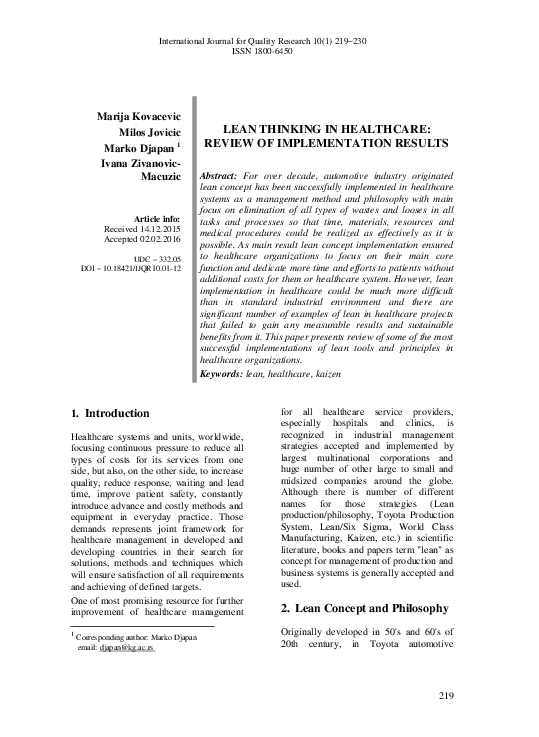 (PDF) Lean Thinking in Healthcare: Review of Implementation Results