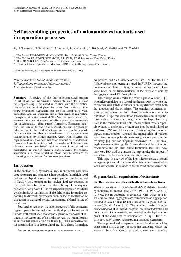 (PDF) Self-assembling properties of malonamide extractants used in ...