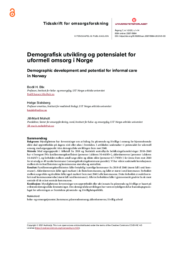 (PDF) Demografisk utvikling og potensialet for uformell omsorg i Norge