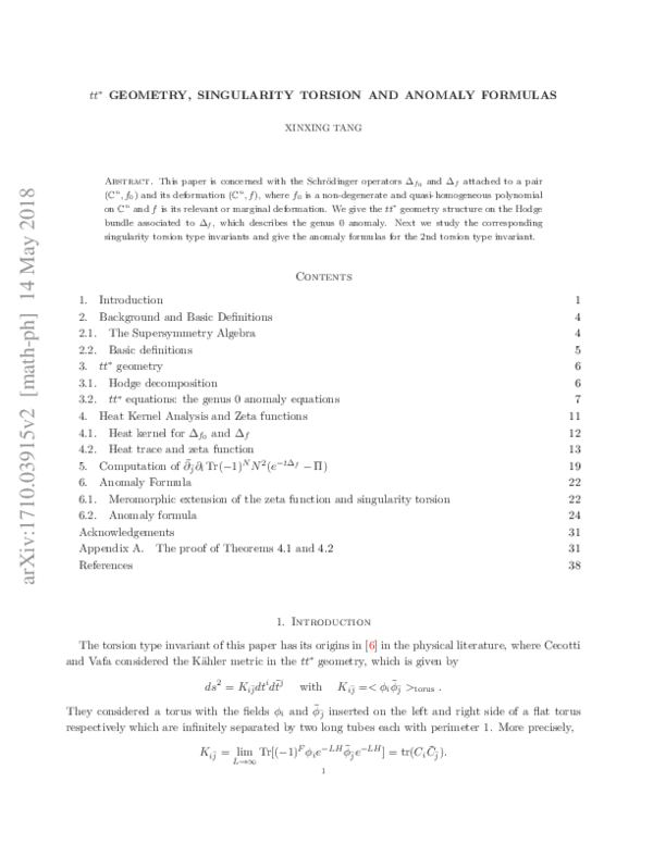 (PDF) $tt^*$ Geometry, Singularity Torsion and Anomaly Formulas