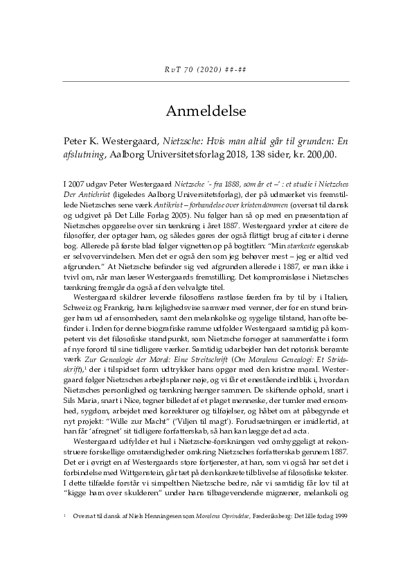 (PDF) Anmeldelse af Peter K. Westergaard, Nietzsche: Hvis man altid går ...