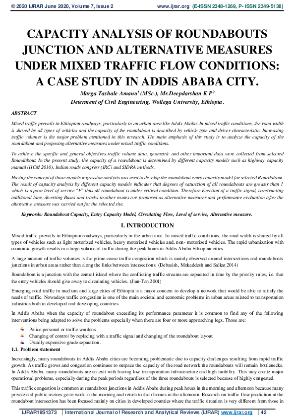 (PDF) CAPACITY ANALYSIS OF ROUNDABOUTS JUNCTION AND ALTERNATIVE MEASURES UNDER MIXED TRAFFIC ...
