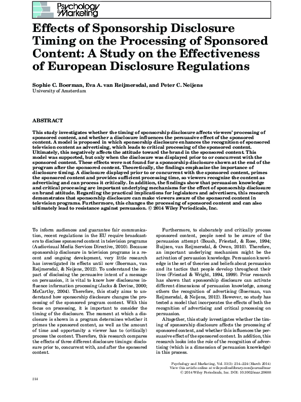 (PDF) Effects of Sponsorship Disclosure Timing on the Processing of ...