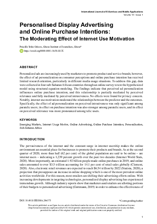 (PDF) Personalised Display Advertising and Online Purchase Intentions