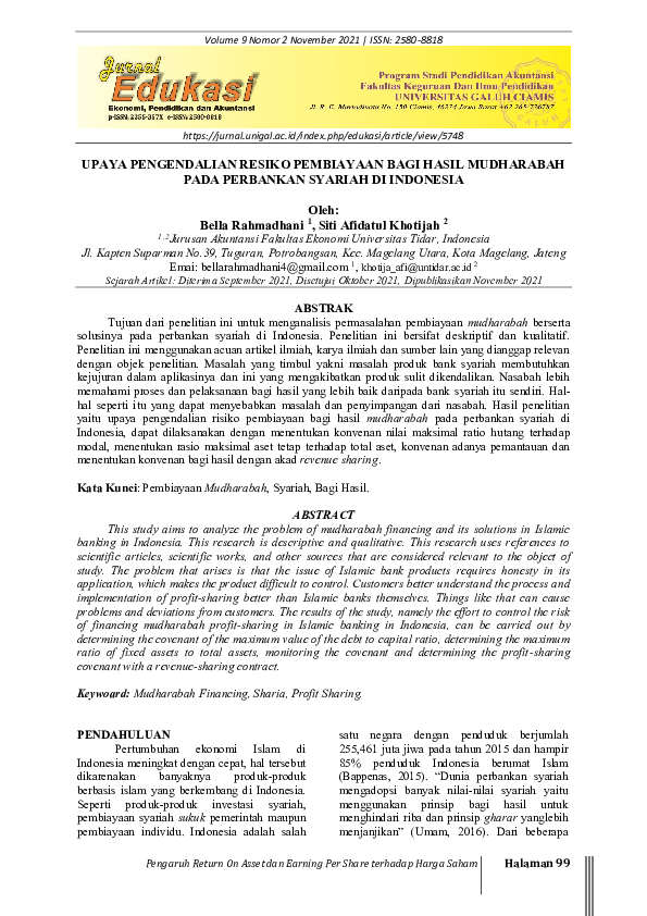 (PDF) Upaya Pengendalian Resiko Pembiayaan Bagi Hasil Mudharabah Pada Perbankan Syariah DI Indonesia