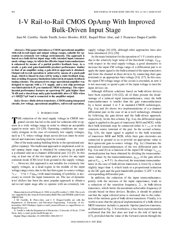 Pdf 1 V Rail To Rail Cmos Opamp With Improved Bulk Driven Input Stage