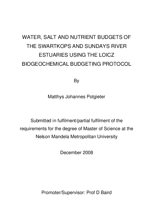 (PDF) Water, salt and nutrient budgets of the Swartkops and Sundays ...