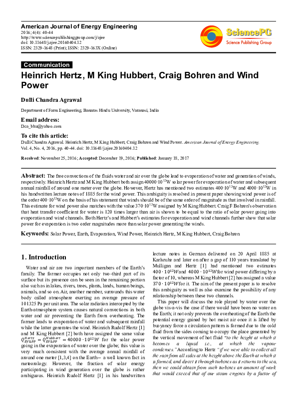 (PDF) Heinrich Hertz, M King Hubbert, Craig Bohren and Wind Power