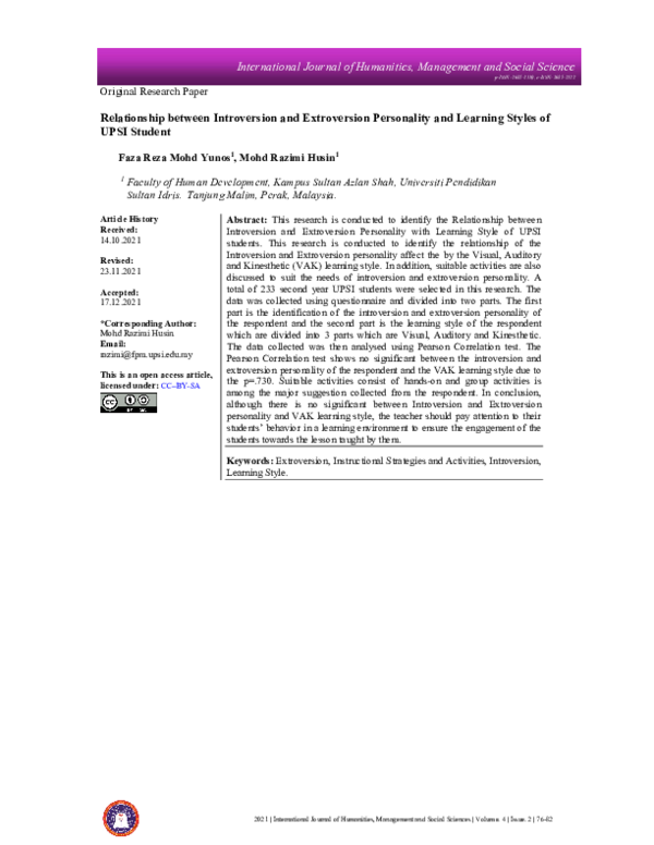 (PDF) Relationship between Introversion and Extroversion Personality and Learning Styles of UPSI ...