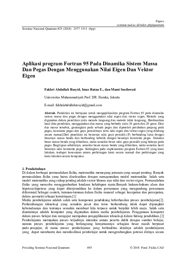(PDF) Aplikasi program Fortran 95 Pada Dinamika Sistem Massa Dan Pegas Dengan Menggunakan Nilai ...