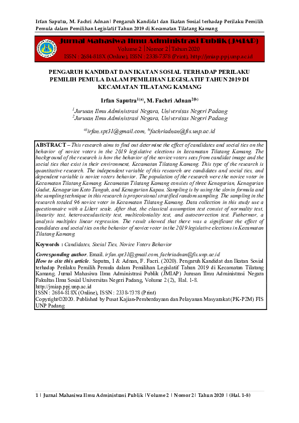 (PDF) Pengaruh Kandidat Dan Ikatan Sosial Terhadap Perilaku Pemilih Pemula Dalam Pemilihan ...