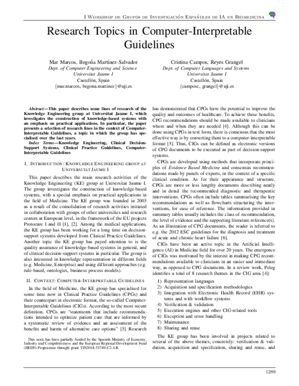 (PDF) Research Topics in Computer-Interpretable Guidelines