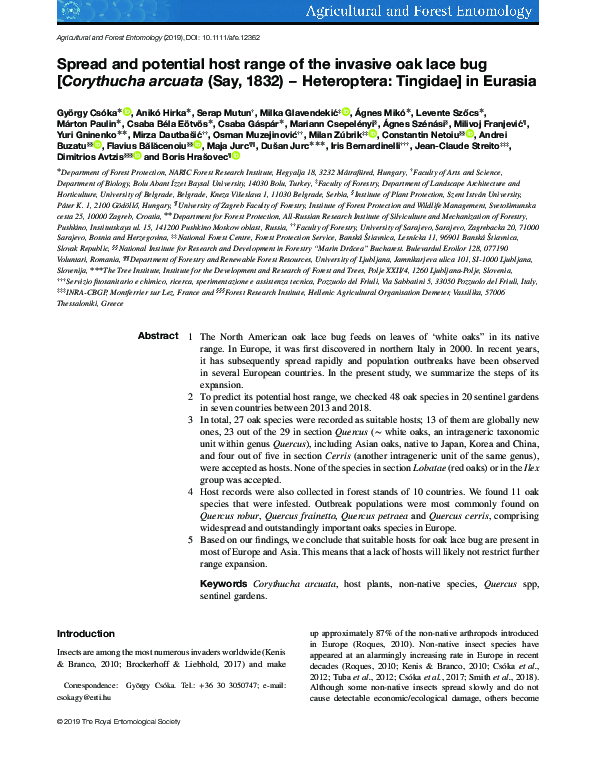 (PDF) Spread and potential host range of the invasive oak lace bug ...