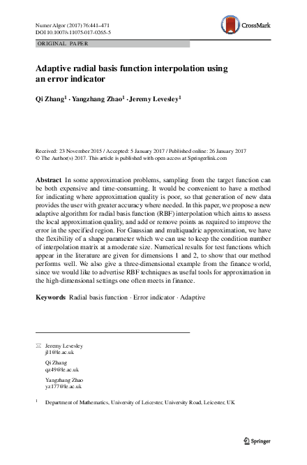(PDF) Adaptive radial basis function interpolation using an error indicator