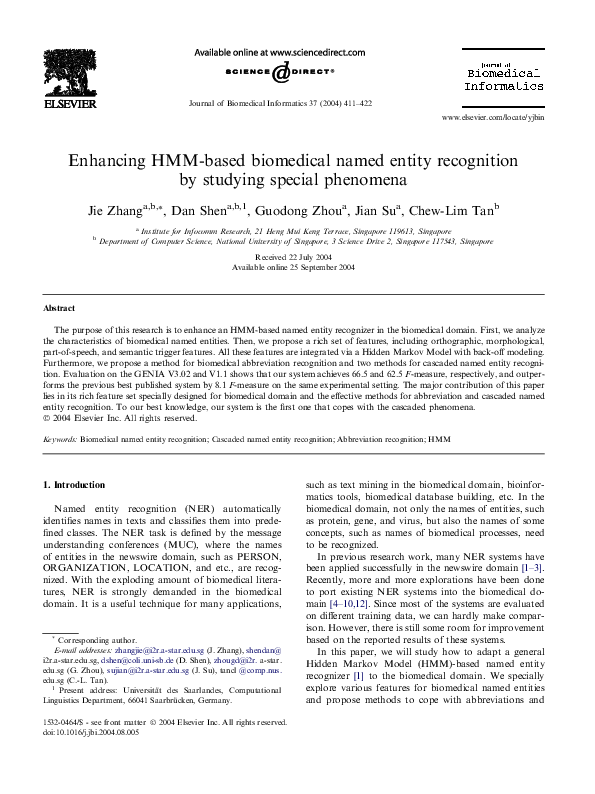 Pdf Enhancing Hmm Based Biomedical Named Entity Recognition By