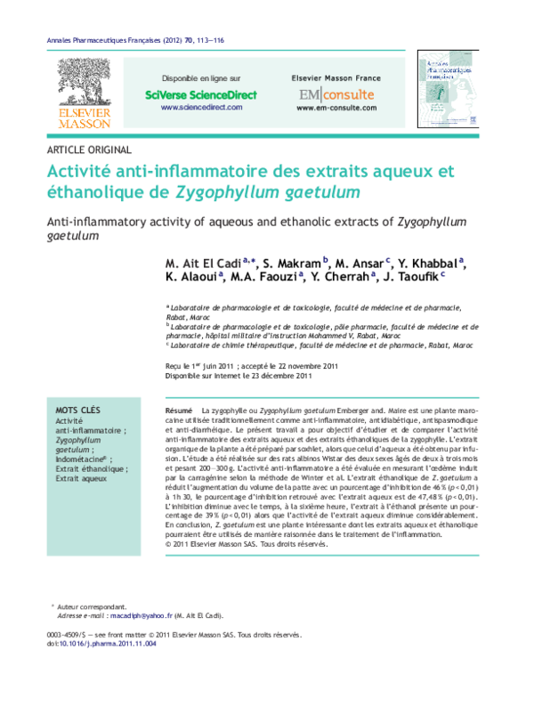 (PDF) Activité anti-inflammatoire des extraits aqueux et éthanolique de ...