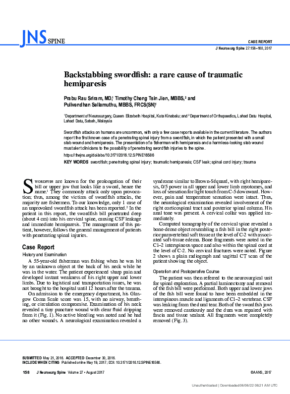 (PDF) Backstabbing swordfish: a rare cause of traumatic hemiparesis
