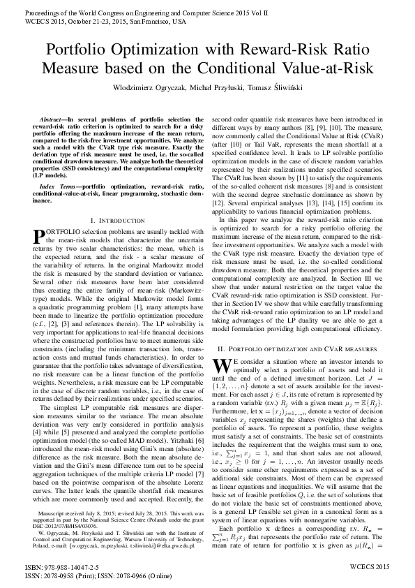 Pdf Portfolio Optimization With Reward Risk Ratio Measure Based On The Conditional Value At