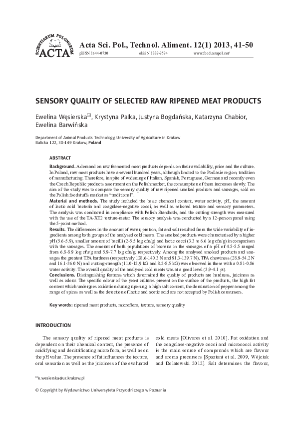 (PDF) Sensory quality of selected raw ripened meat products