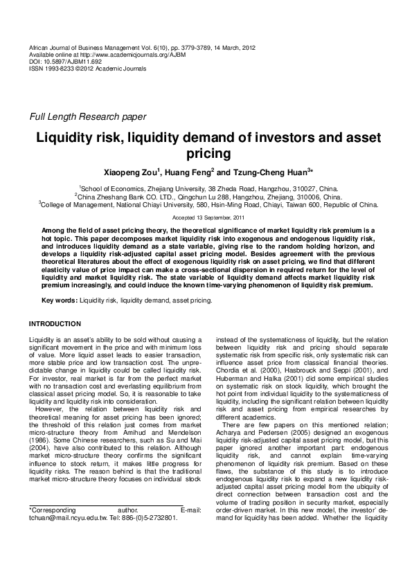 (PDF) Liquidity risk, liquidity demand of investors and asset pricing