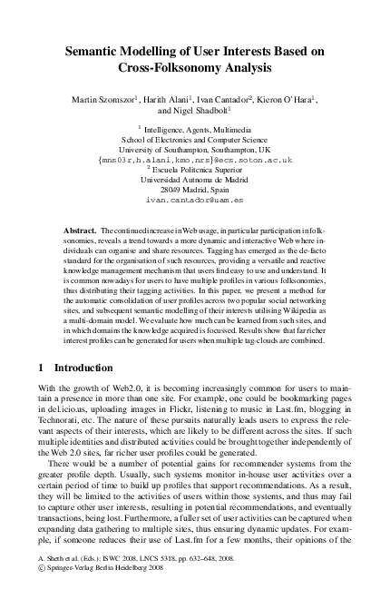 (PDF) Semantic modelling of user interests based on cross-folksonomy analysis | Harith Alani ...