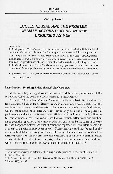 (PDF) ECCLESIAZUSAE AND THE PROBLEM OF MALE ACTORS PLAYING WOMEN ...