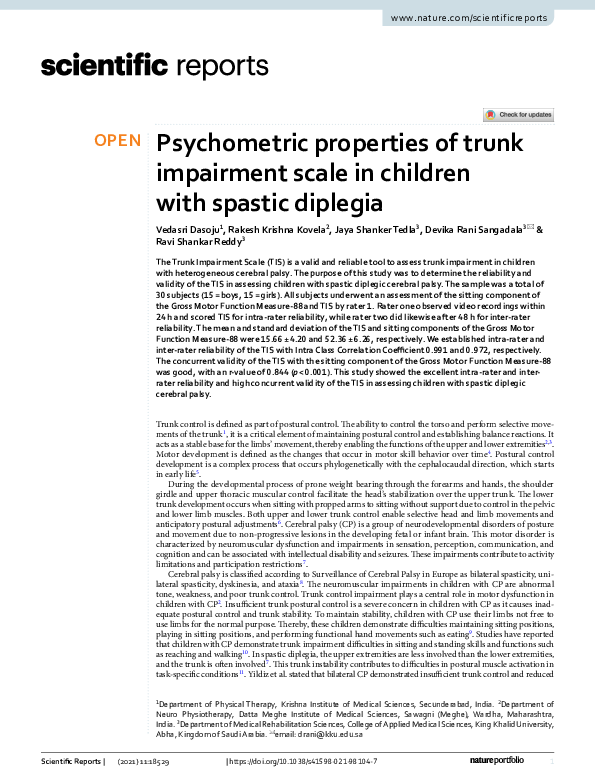 (PDF) Psychometric properties of trunk impairment scale in children ...