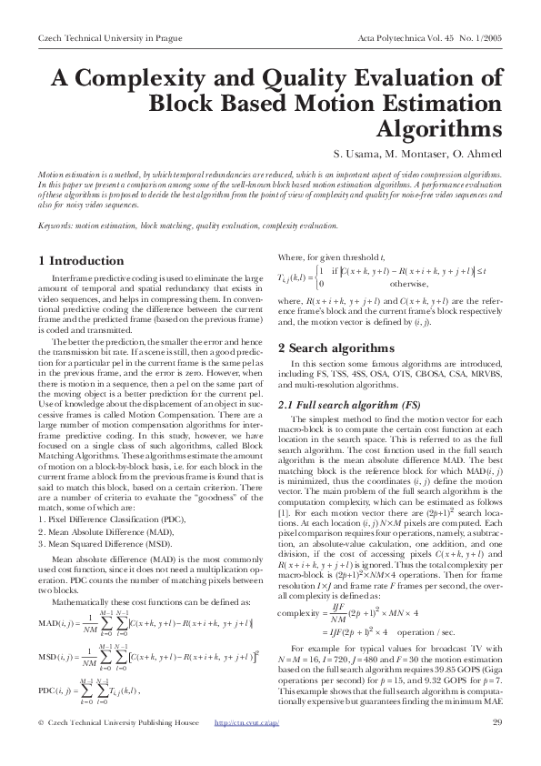 Pdf A Complexity And Quality Evaluation Of Block Based Motion