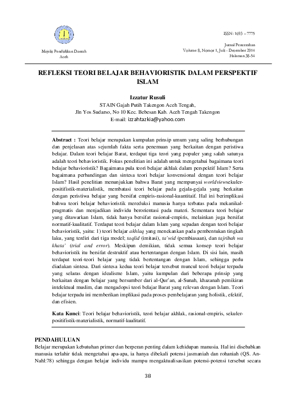 (PDF) Refleksi Teori Belajar Behavioristik Dalam Perspektif Islam