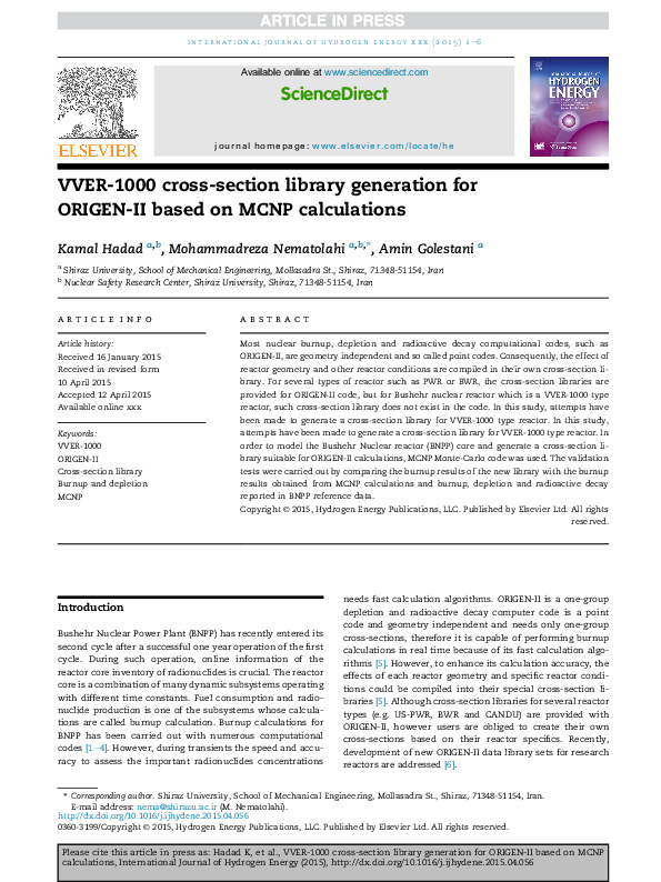 (PDF) VVER-1000 cross-section library generation for ORIGEN-II based on MCNP calculations