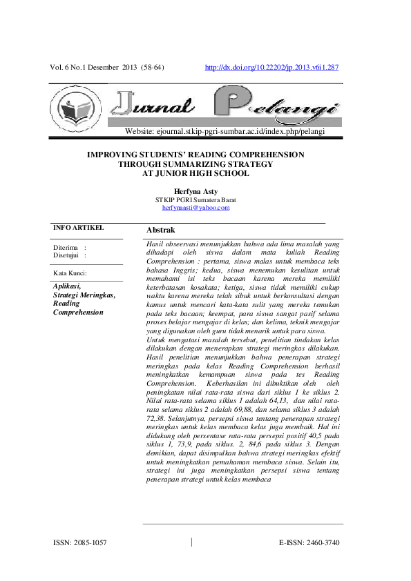 (PDF) Improving Students’ Reading Comprehension Through Summarizing Strategy at Junior High School