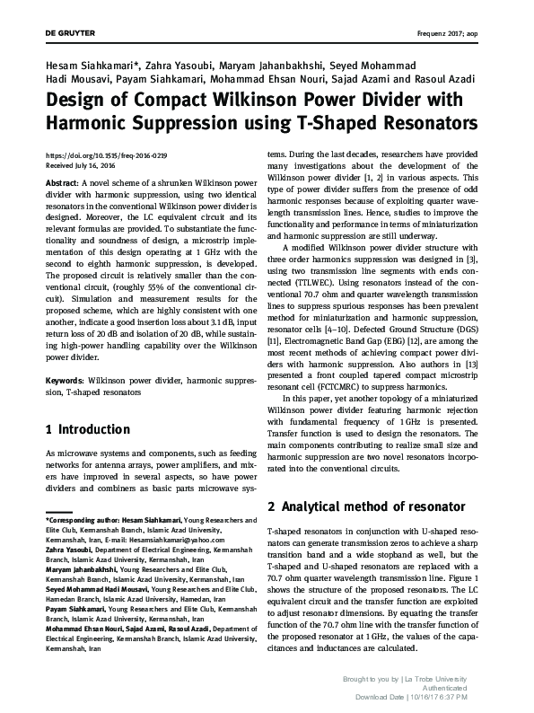 (PDF) Design of Compact Wilkinson Power Divider with Harmonic Suppression using T-Shaped Resonators