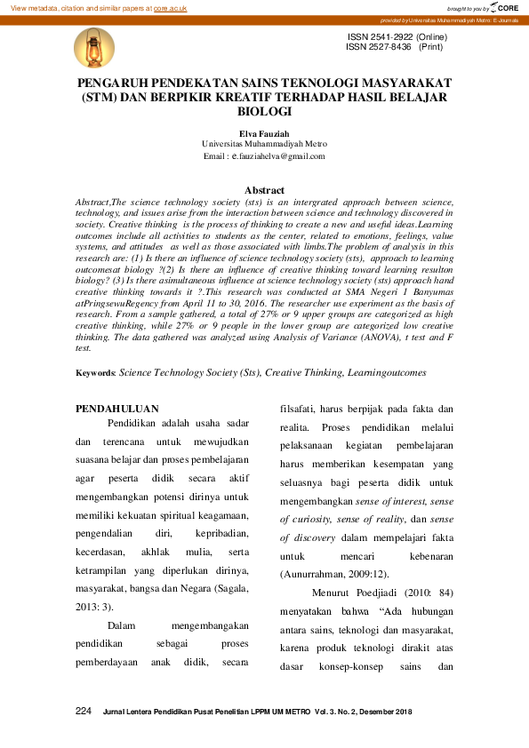 (PDF) Pengaruh Pendekatan Sains Teknologi Masyarakat STM Dan Berpikir Kreatif Terhadap Hasil ...