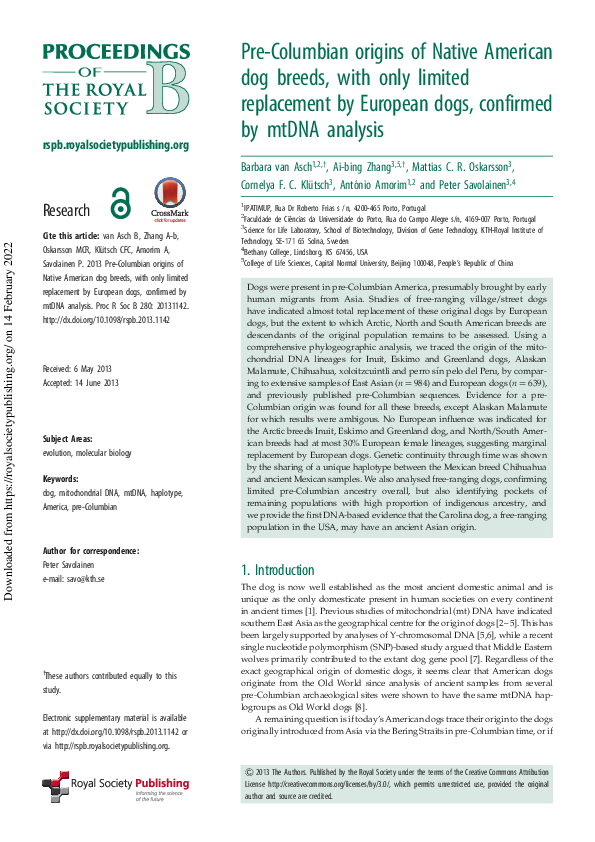 (PDF) Pre-Columbian origins of Native American dog breeds, with only ...