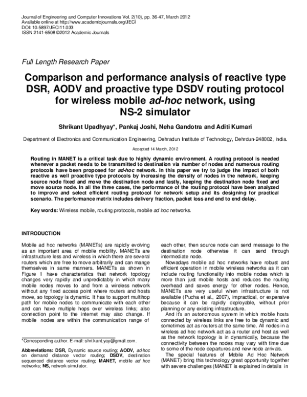 (PDF) Comparison and performance analysis of reactive type DSR, AODV ...