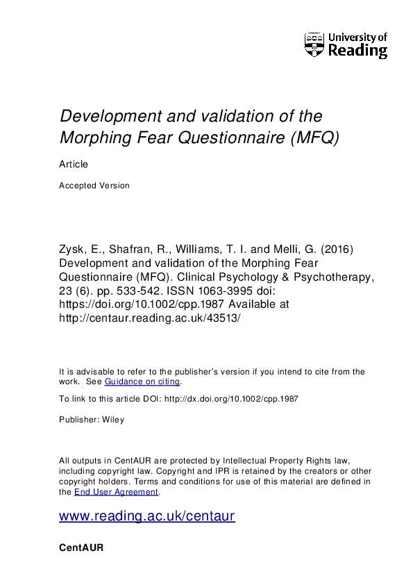 (PDF) Development and Validation of the Morphing Fear Questionnaire (MFQ)