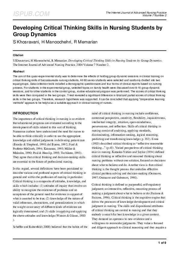 (PDF) Developing Critical Thinking Skills in Nursing Students by Group Dynamics