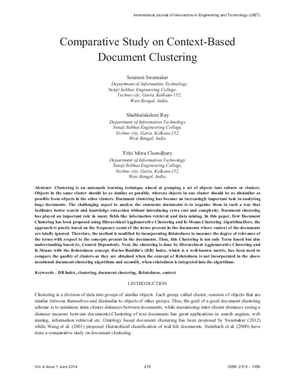 (PDF) Comparative Study on Context-Based Document Clustering | Soumen Swarnakar - Academia.edu