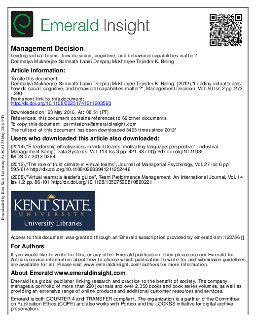 (PDF) Leading virtual teams: how do social, cognitive, and behavioral ...