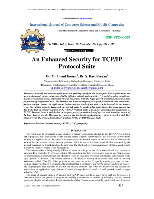 Pdf An Enhanced Security For Tcpip Protocol Suite Ijcsmc Journal