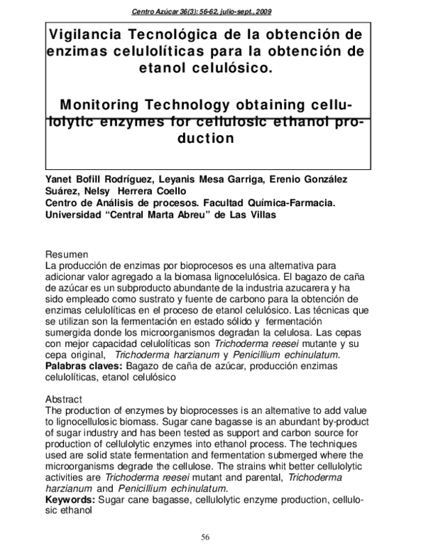 (PDF) Vigilancia Tecnológica de la obtención de enzimas celulolíticas para la obtención de ...