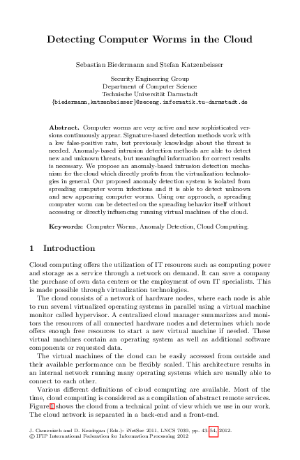 (PDF) Detecting Computer Worms in the Cloud