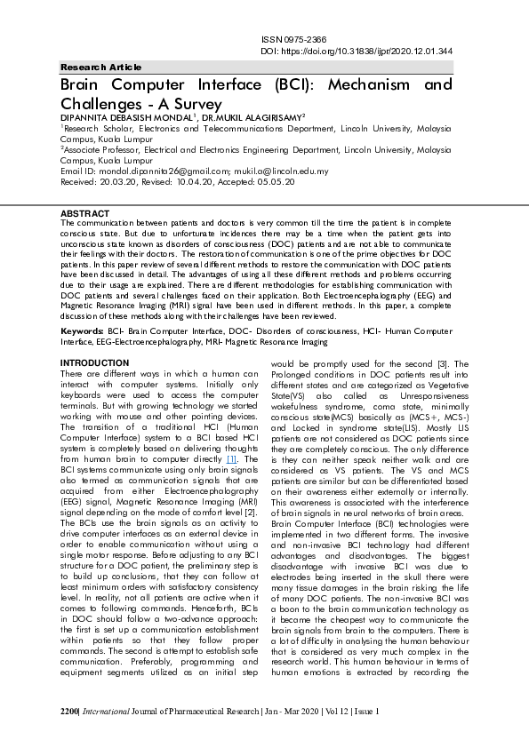 (PDF) Brain Computer Interface (BCI): Mechanism and Challenges - A Survey