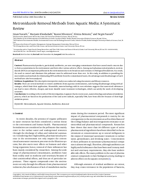 (PDF) Metronidazole Removal Methods from Aquatic Media: A Systematic Review