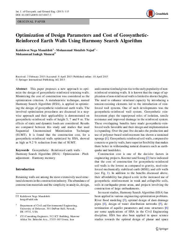 (PDF) Optimization of Design Parameters and Cost of Geosynthetic-Reinforced Earth Walls Using ...