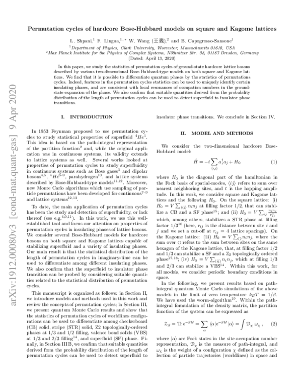 (PDF) Permutation cycles of hardcore Bose-Hubbard models on square and kagome lattices | Fabio ...